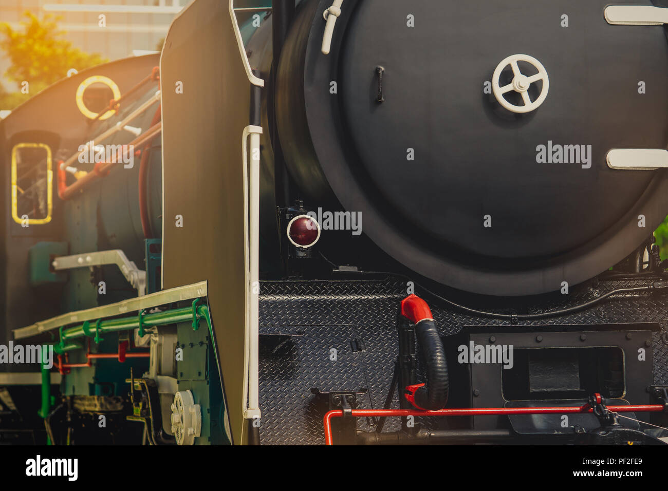 Close up antique vintage train locomotive. Old steam engine locomotive ...