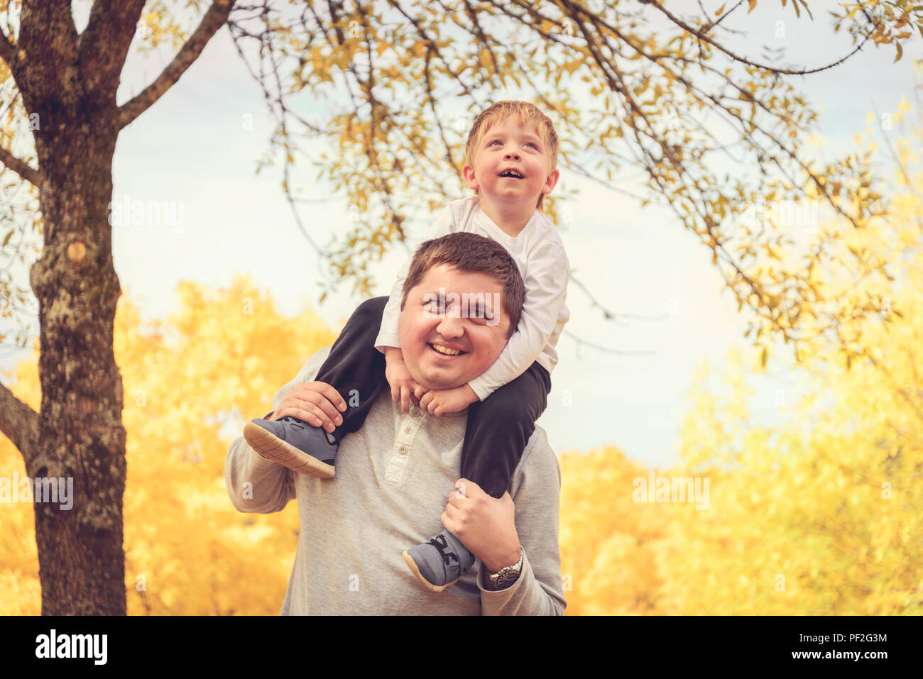 Father giving his son piggyback ride in autumn park, Adelaide Hills ...