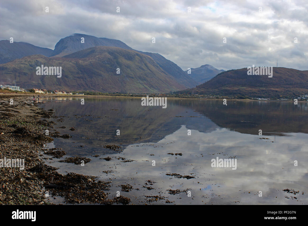 Corpach beach and Ben Nevis reflections in loch eil Stock Photo - Alamy