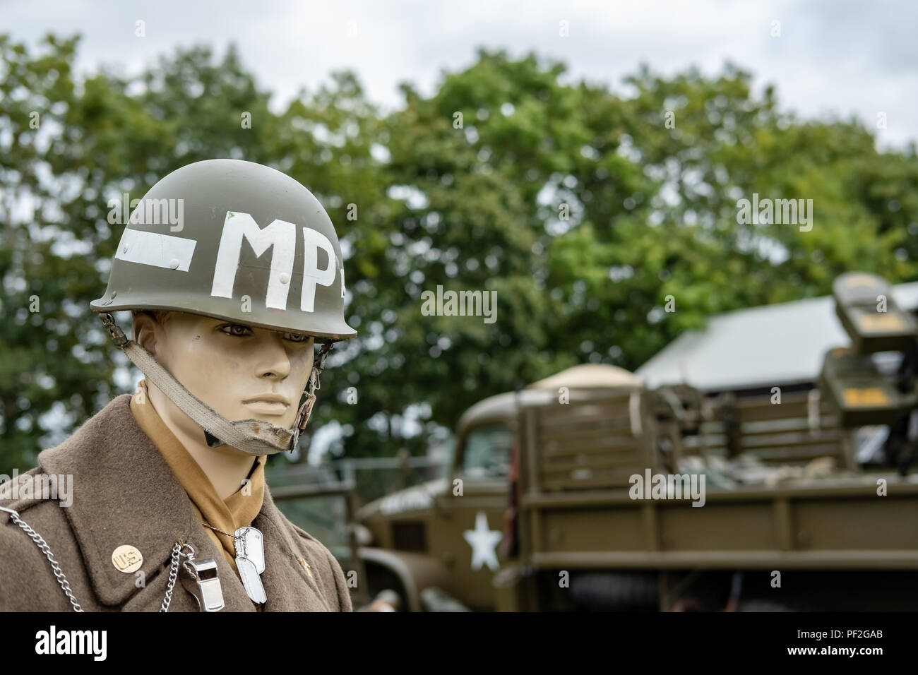 Shallow focus, isolated image of a WW2 US Army MP wax work seen dressed ...