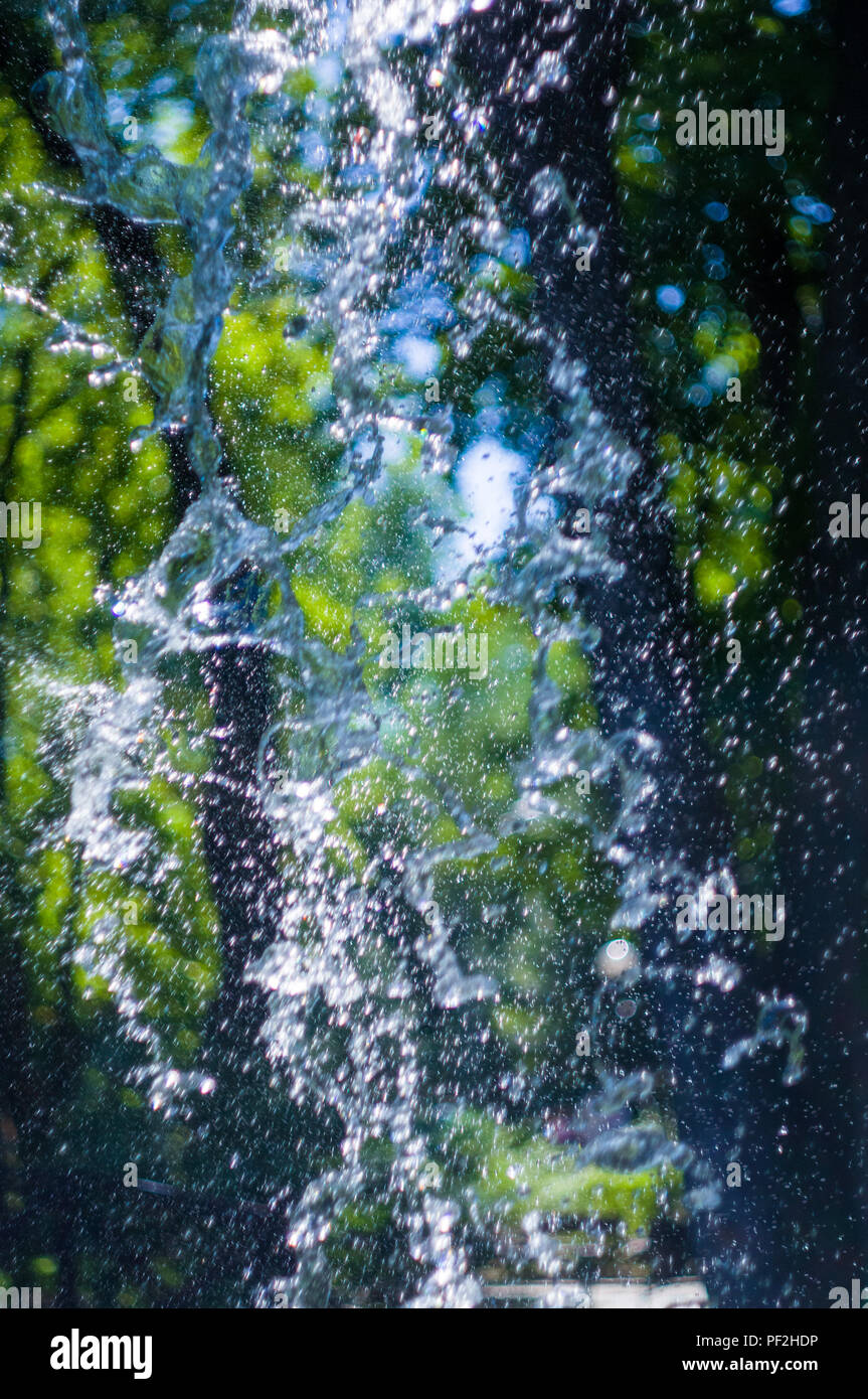 transparent falling water vertical flows against a blue sky and green ...