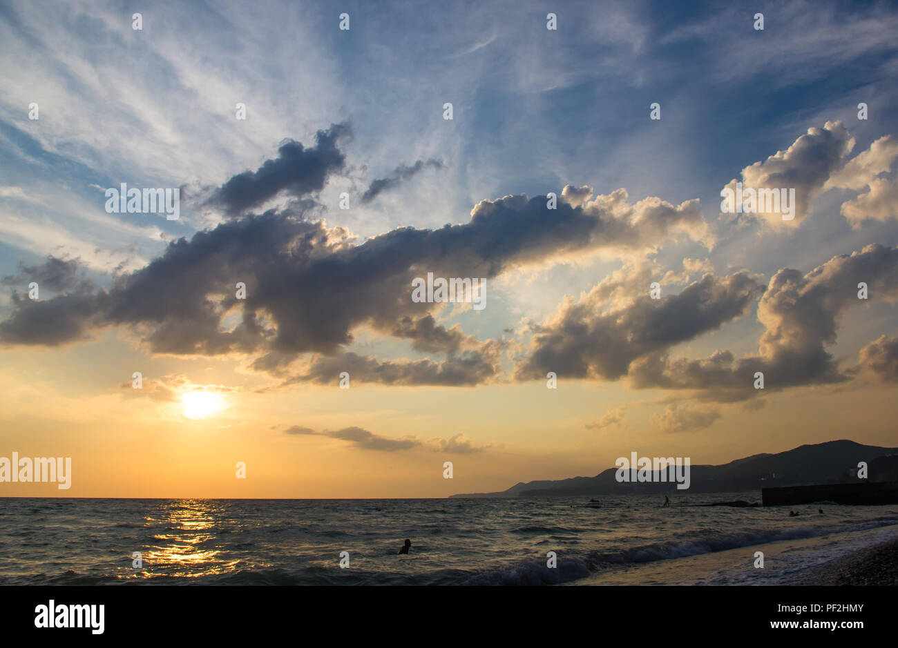 Summer sea sunset, the sun, waves and clouds, beautiful dramatic ...
