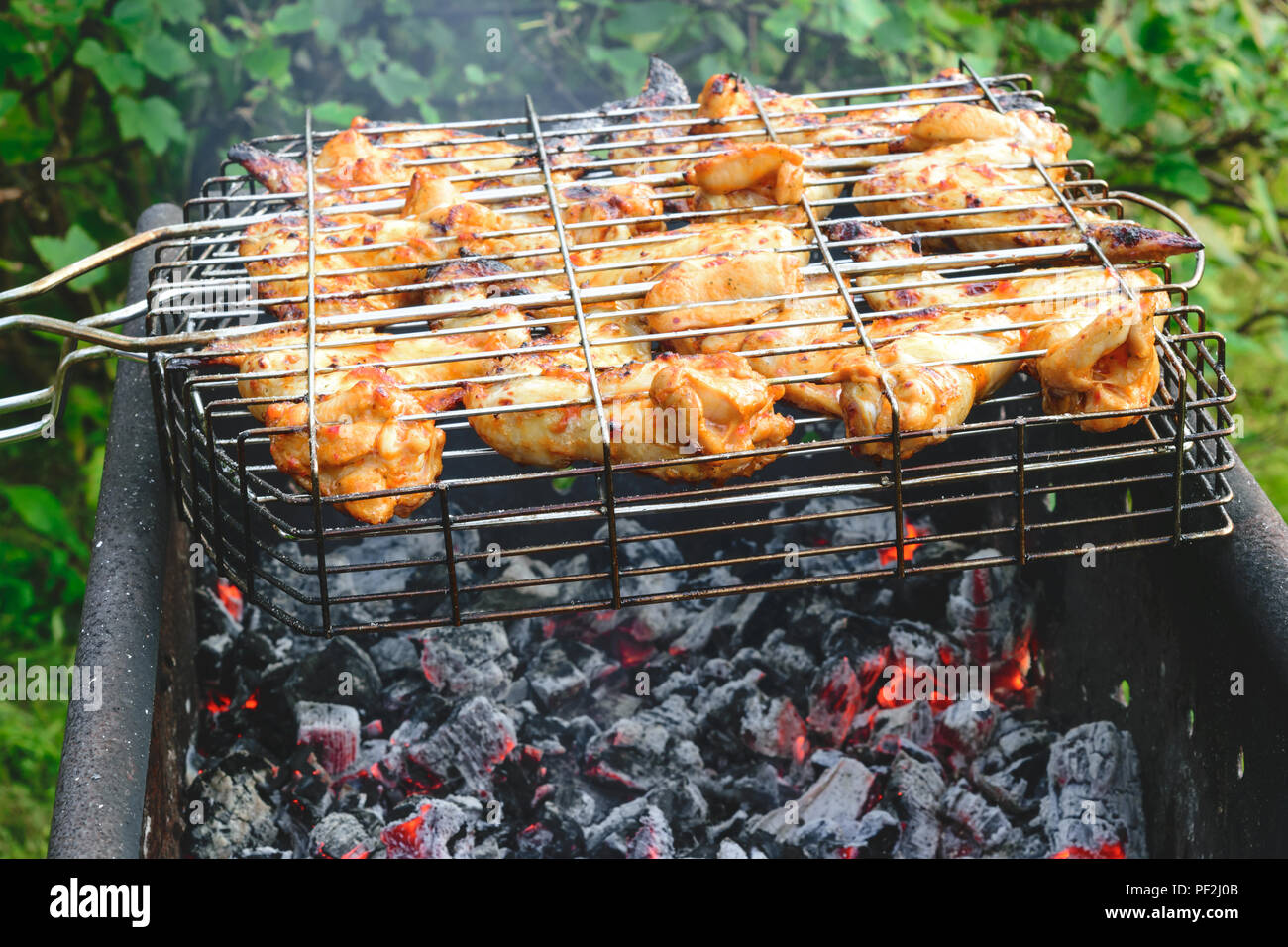 Marinated chicken wings preparing on a bonfire charcoal in nature at ...