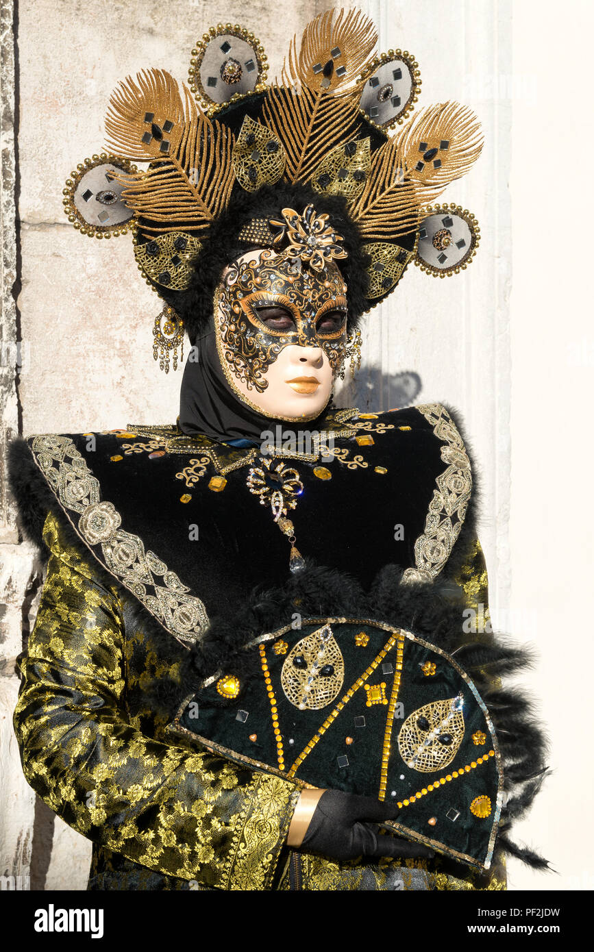 Reveller In Traditional Elaborate Mask And Costume At Venice Carnival ...