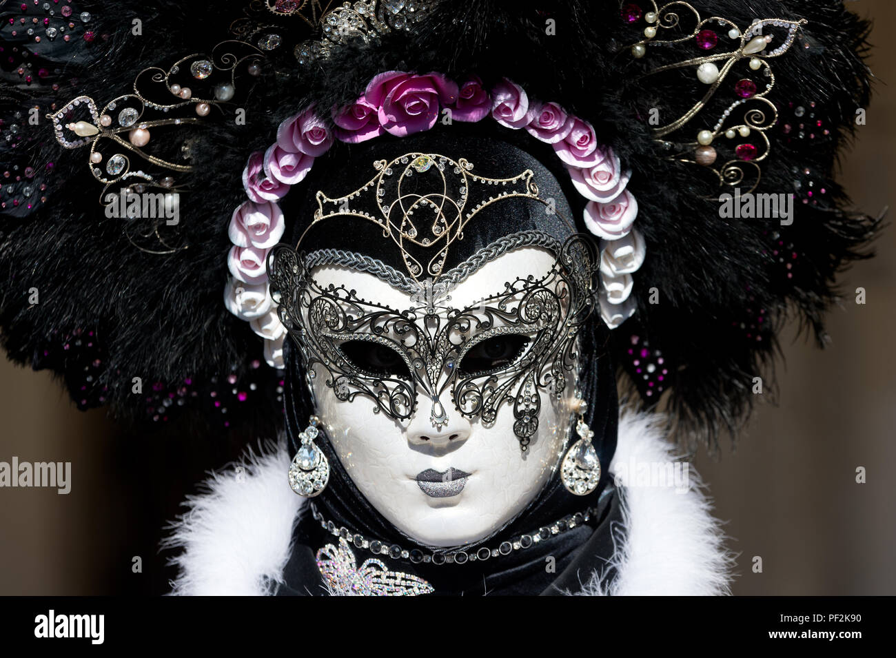 Reveller In Traditional Elaborate Mask And Costume At Venice Carnival ...