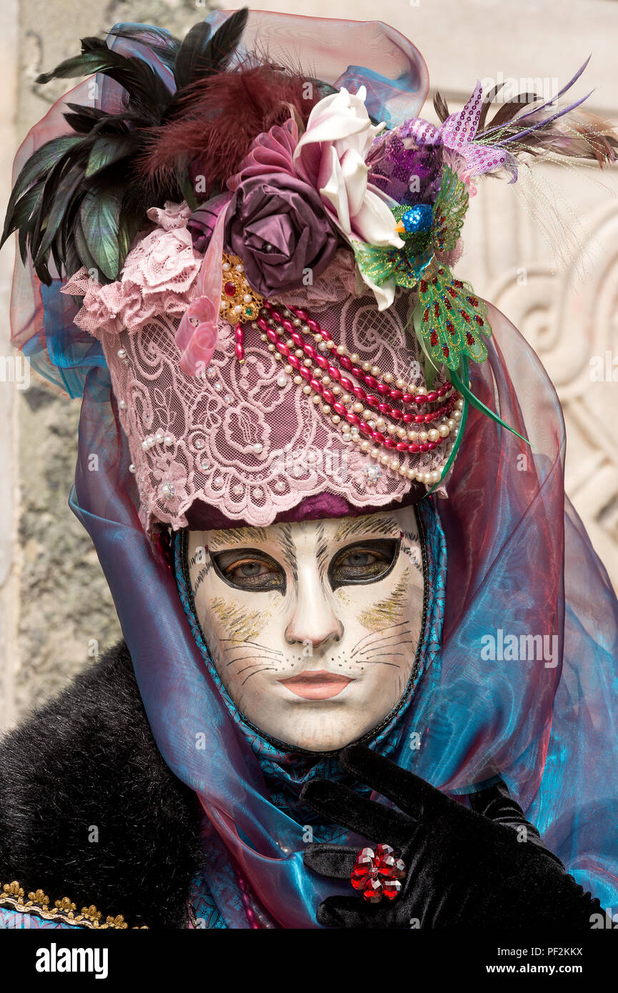 Reveller In Traditional Elaborate Mask And Costume At Venice Carnival (Carnevale di Venezia ...