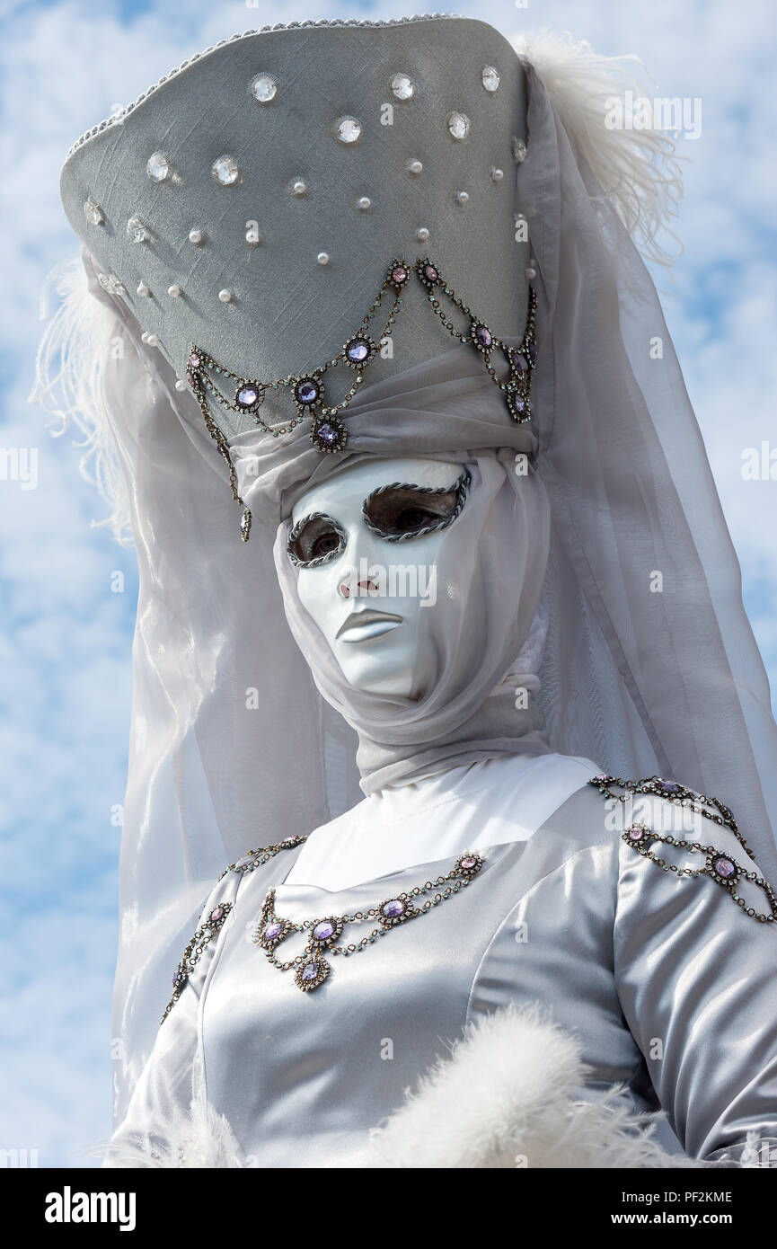 Reveller In Traditional Elaborate Mask And Costume At Venice Carnival (Carnevale di Venezia ...
