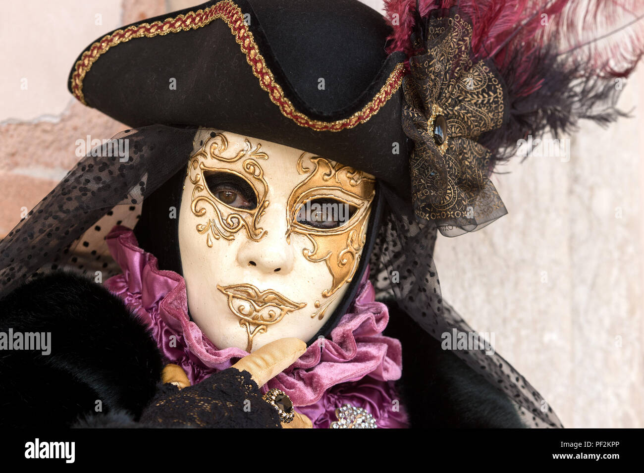 Reveller In Traditional Elaborate Mask And Costume At Venice Carnival ...