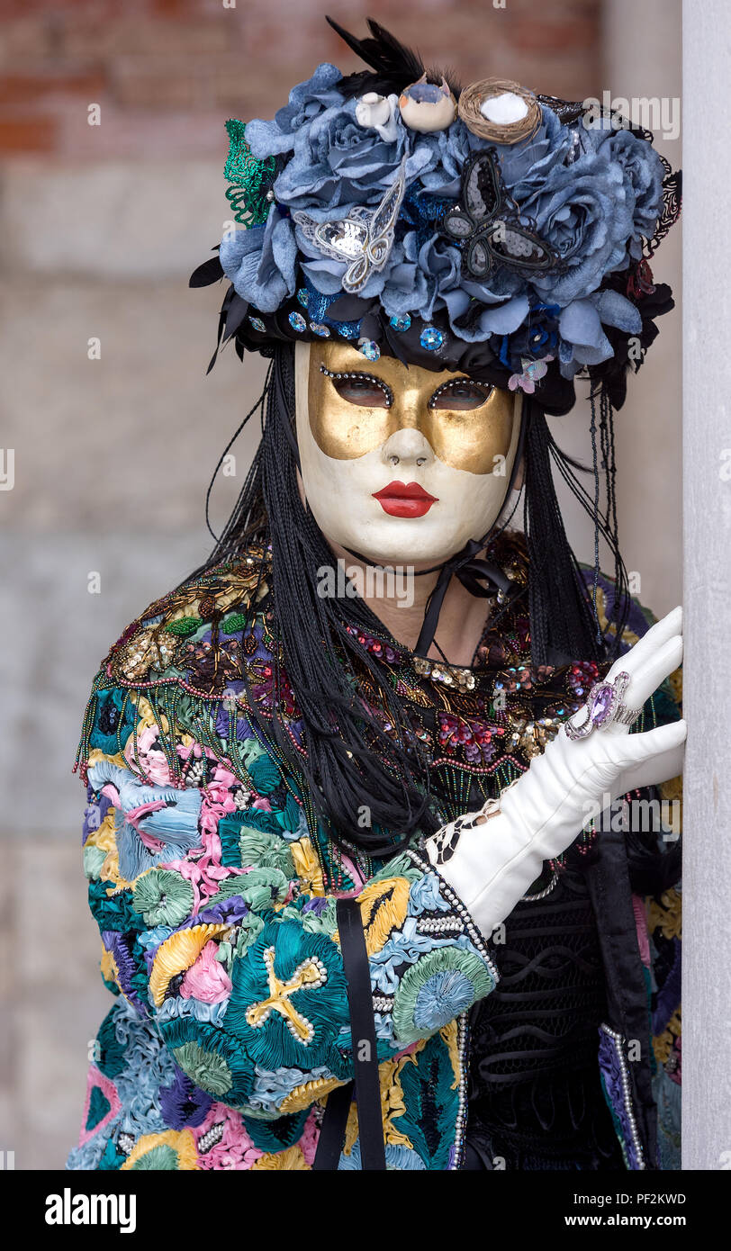 Reveller In Traditional Elaborate Mask And Costume At Venice Carnival (Carnevale di Venezia ...