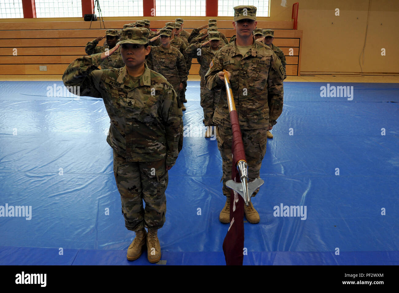 U.S. Army Sgt. 1st Class Sarahjoy P. Patrick, front left, salutes ...