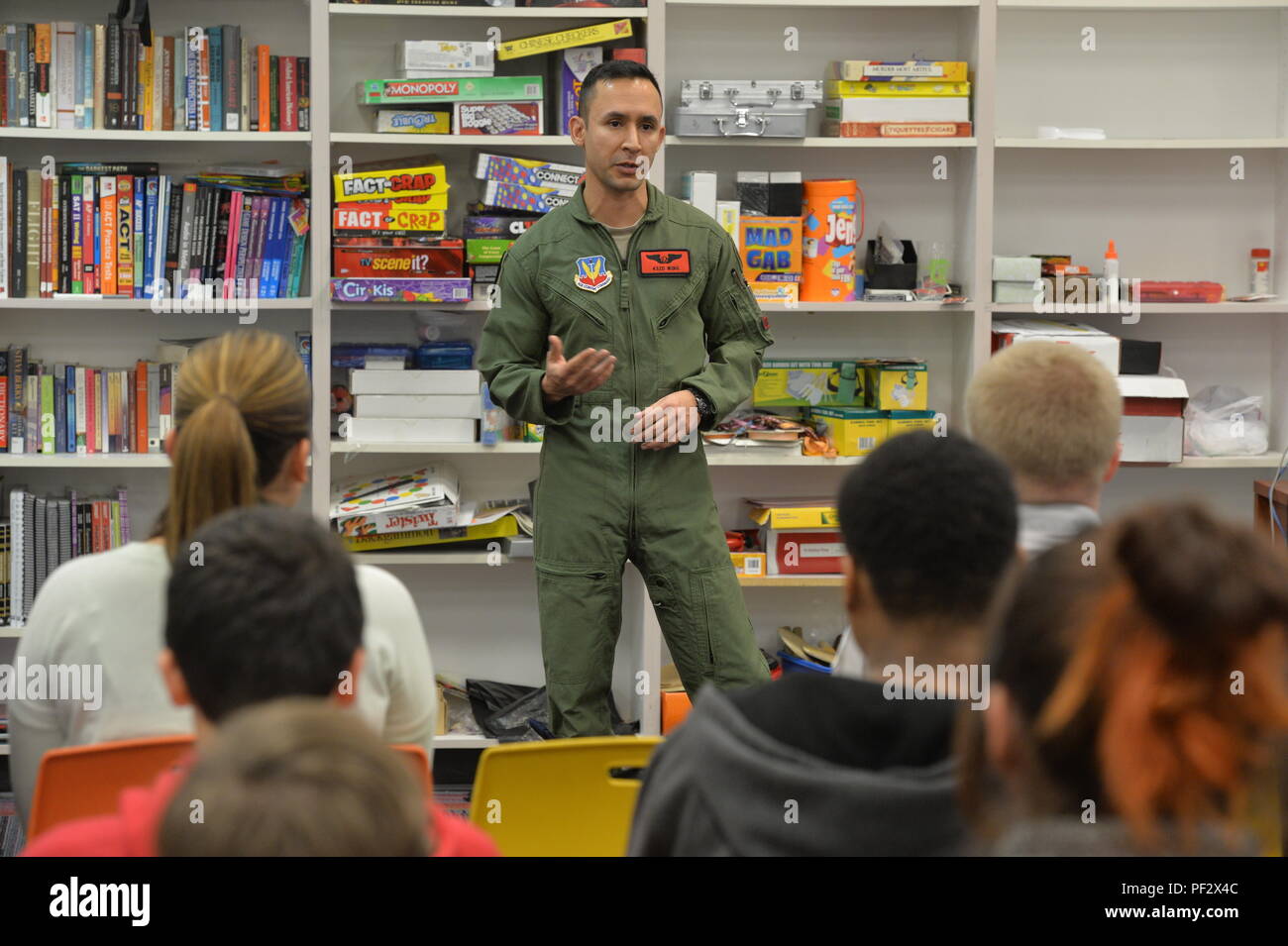 U.S. Air Force Tech. Sgt. Gabriel with the 42nd Attack Squadron speaks ...