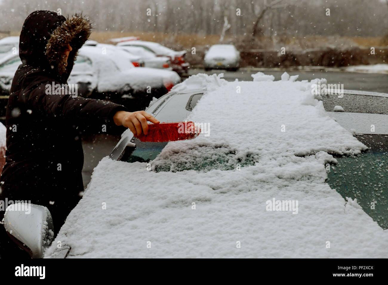 After a snowstorm woman shoveling and removing snow from her car, stuck ...