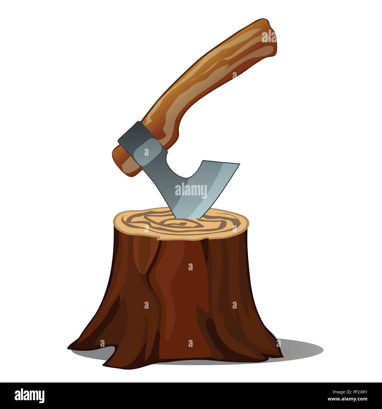 A tree stump with an axe stuck isolated on white background. Vector cartoon close-up ...
