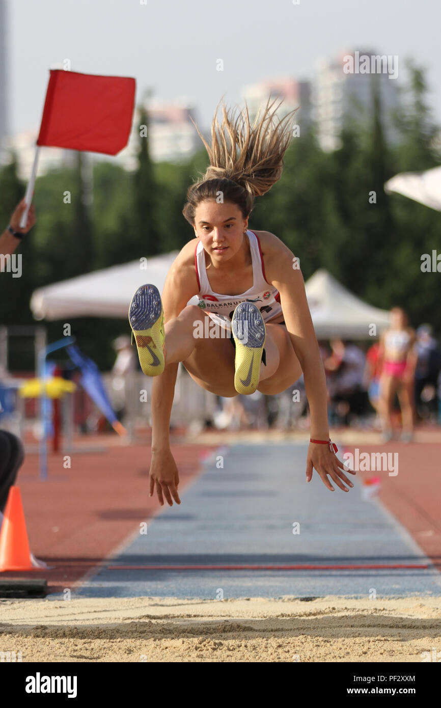 ISTANBUL, TURKEY - JUNE 09, 2018: Undefined athlete long jumping during ...