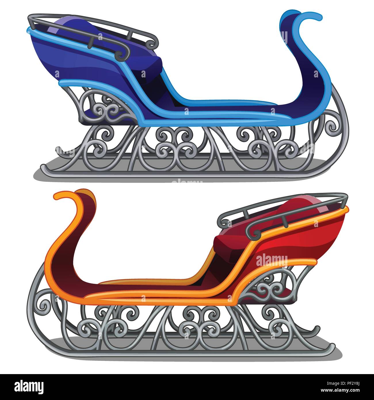 Set of iron sleigh of Santa Claus blue and red color isolated on white ...