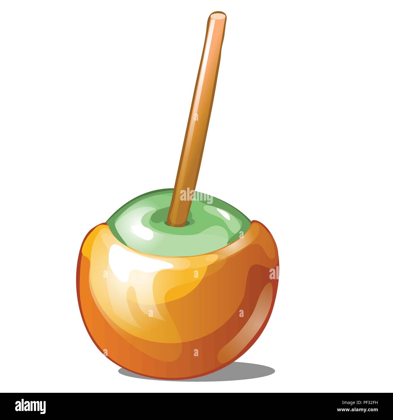 Single candy apple dipped in caramel with stick isolated on white ...