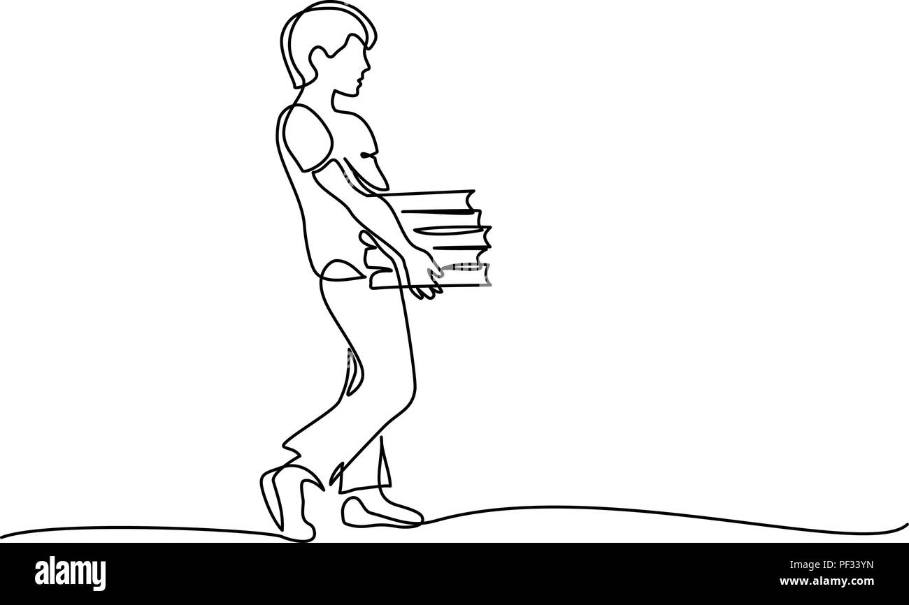 Continuous one line drawing. Boy with books stack. Vector illustration ...
