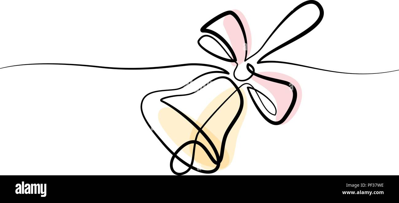Continuous one line drawing. School traditional hand bell and ribbon ...