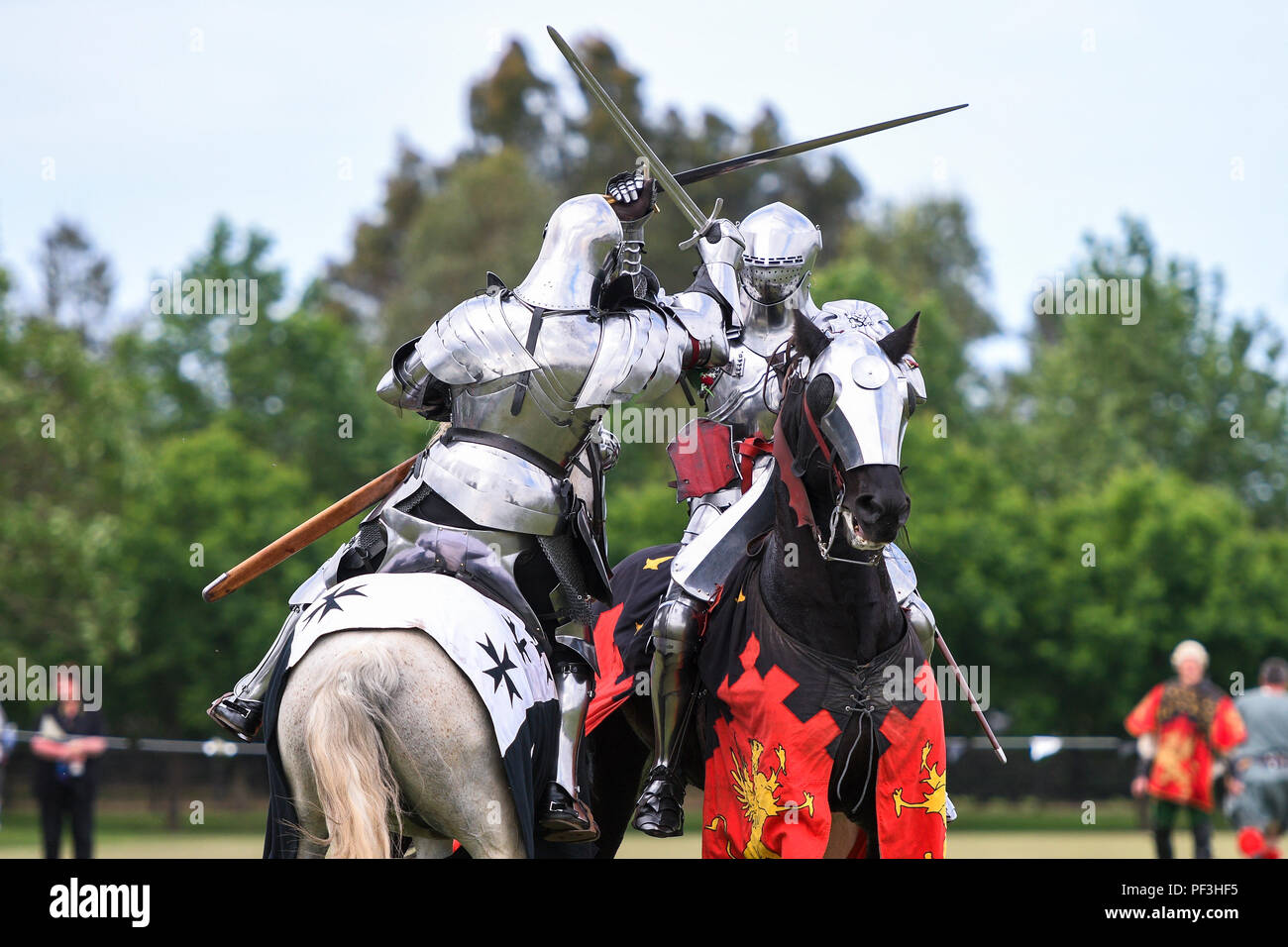 Two knights compete during re-enactment of medieval jousting tournament ...