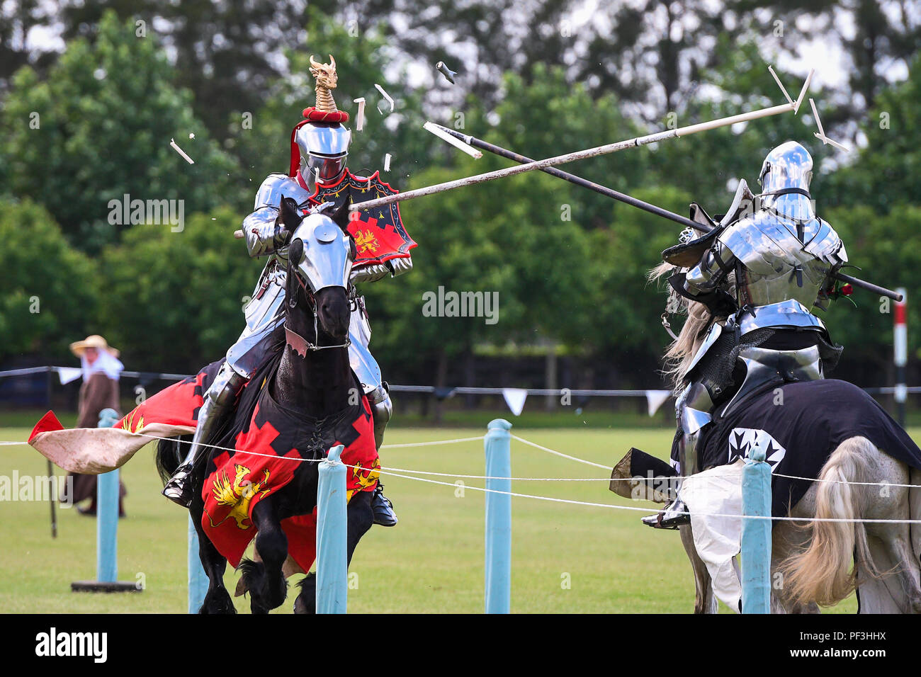 Two knights compete during re-enactment of medieval jousting tournament ...