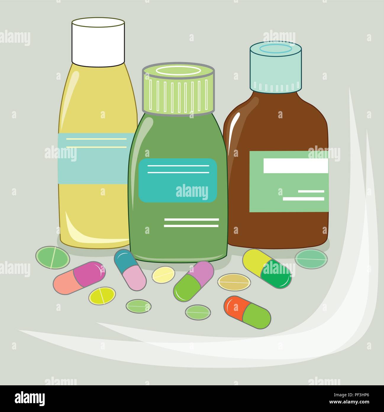 Flat drawing of medicines. Collection of medicine. Bottles with labels ...