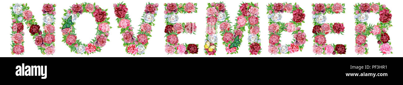 Word November of watercolor flowers Stock Photo - Alamy