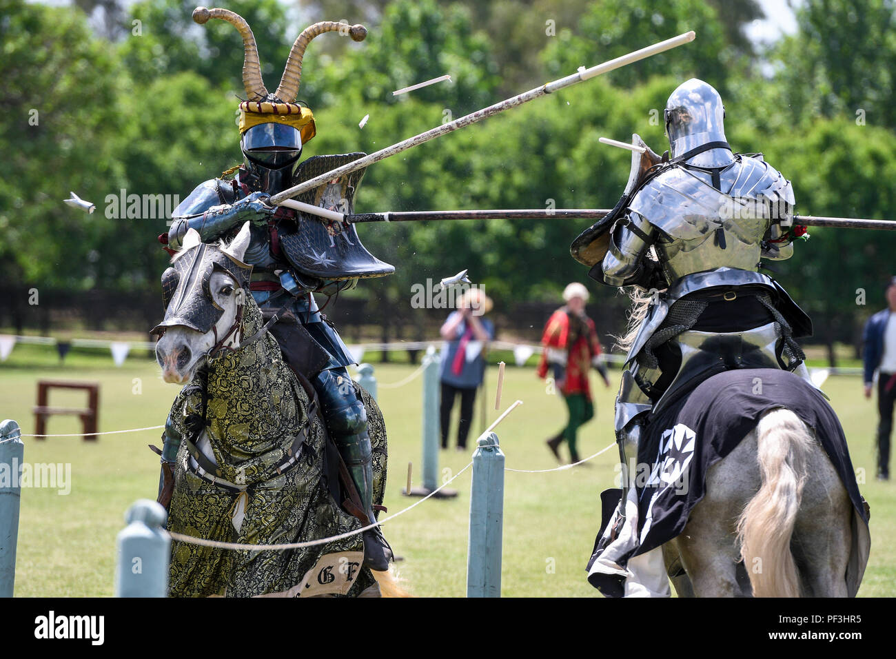 Two knights compete during re-enactment of medieval jousting tournament ...