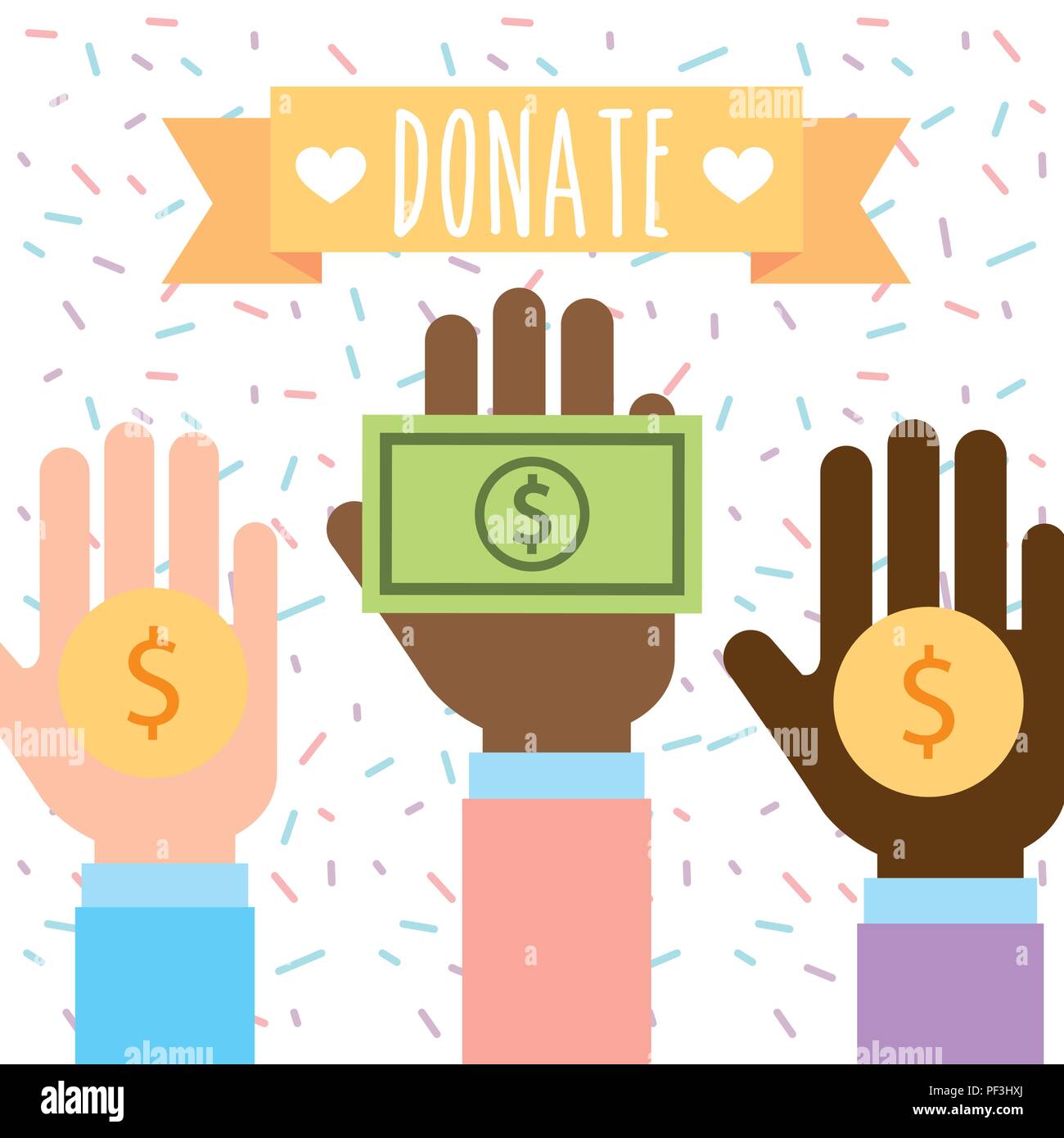 raised hand multiethnic with money donate charity image Stock Vector ...