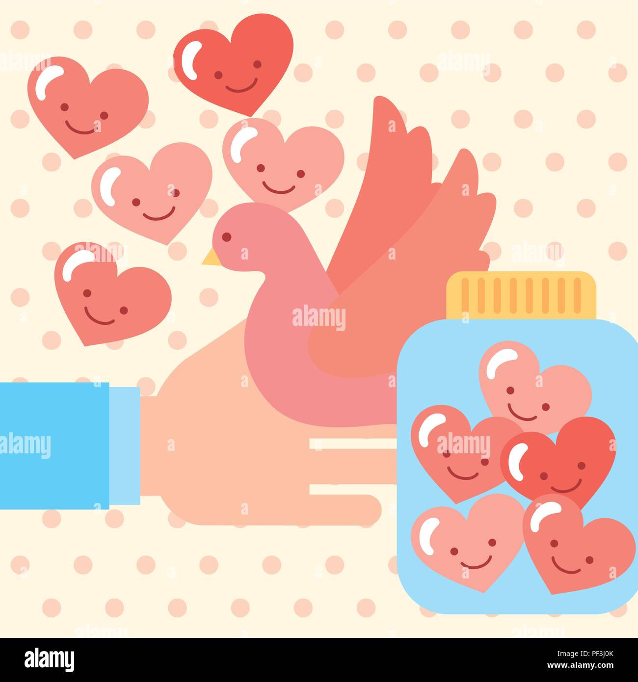 hand with pigeon and jar love hearts cartoon donate charity Stock ...