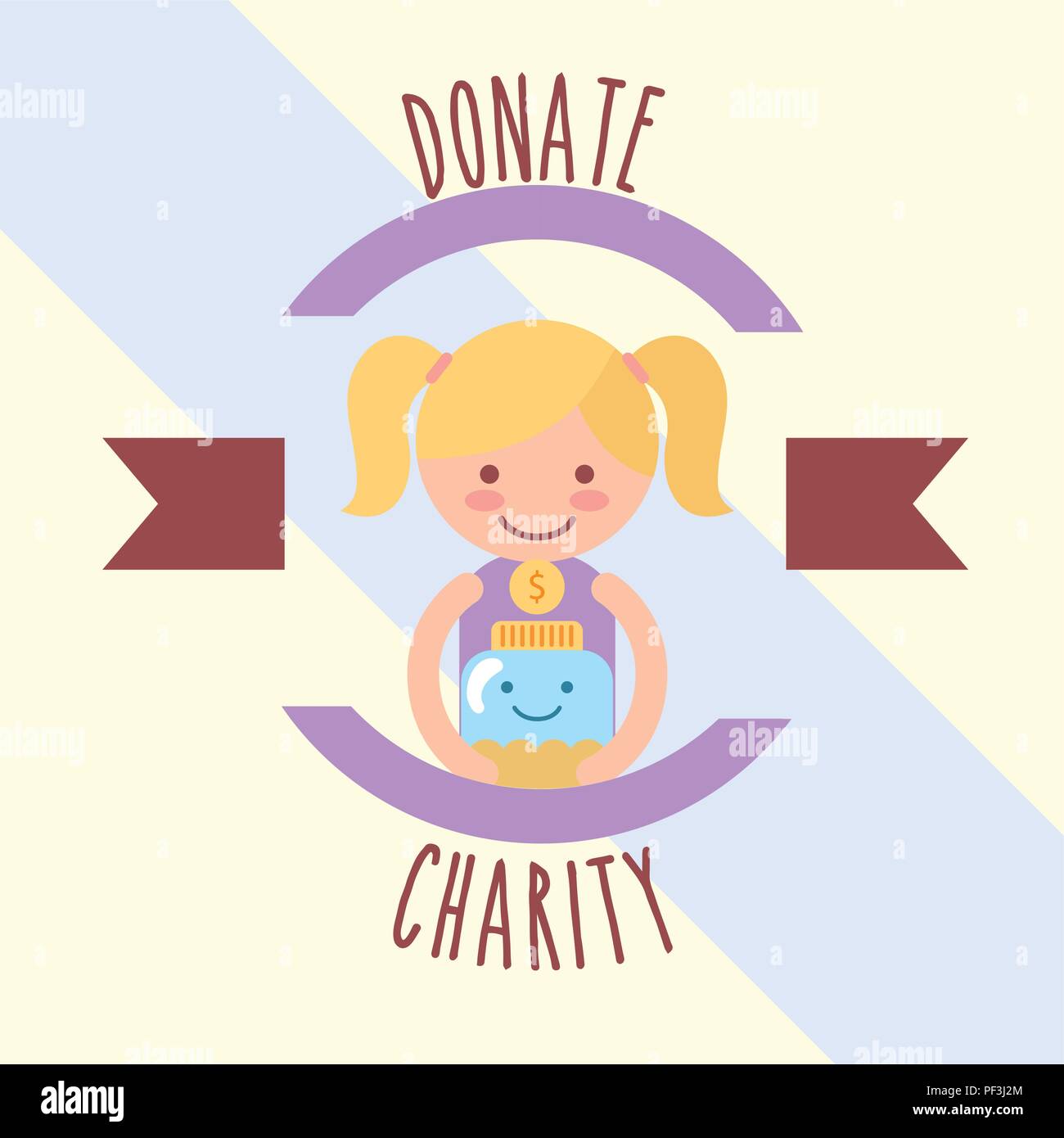 little girl with kawaii jar coins donate charity label Stock Vector ...