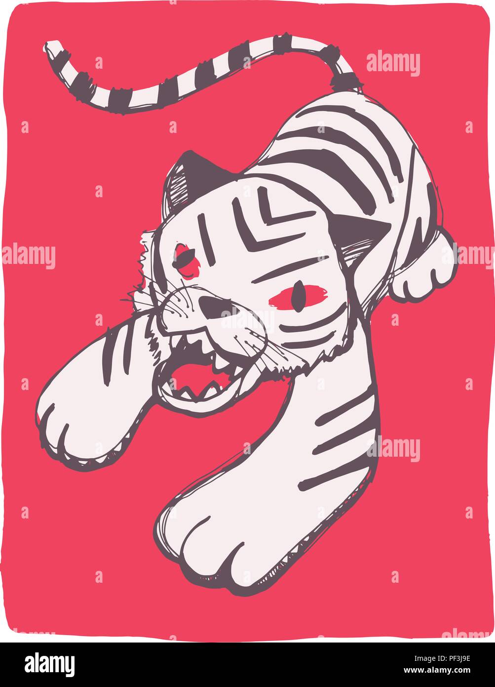 Hand drawn vector illustration or drawing of a white tiger on red ...