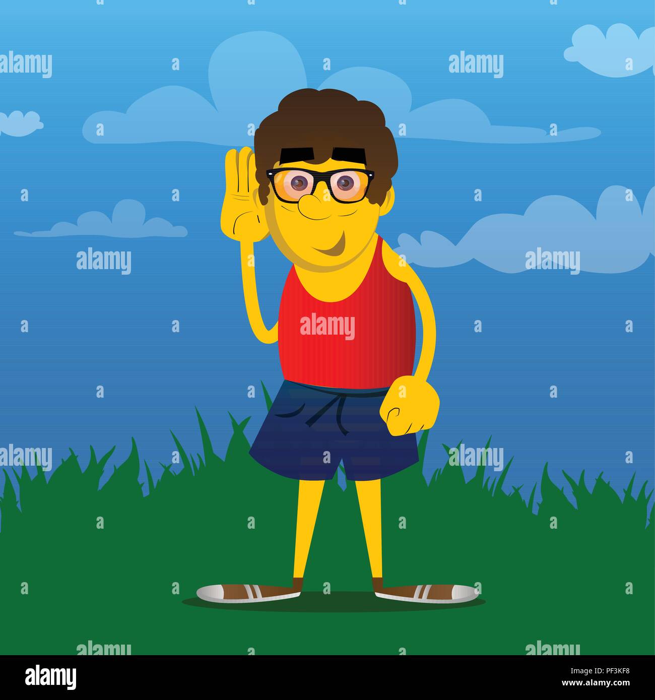 Yellow man holds hand at his ear, listening. Vector cartoon ...