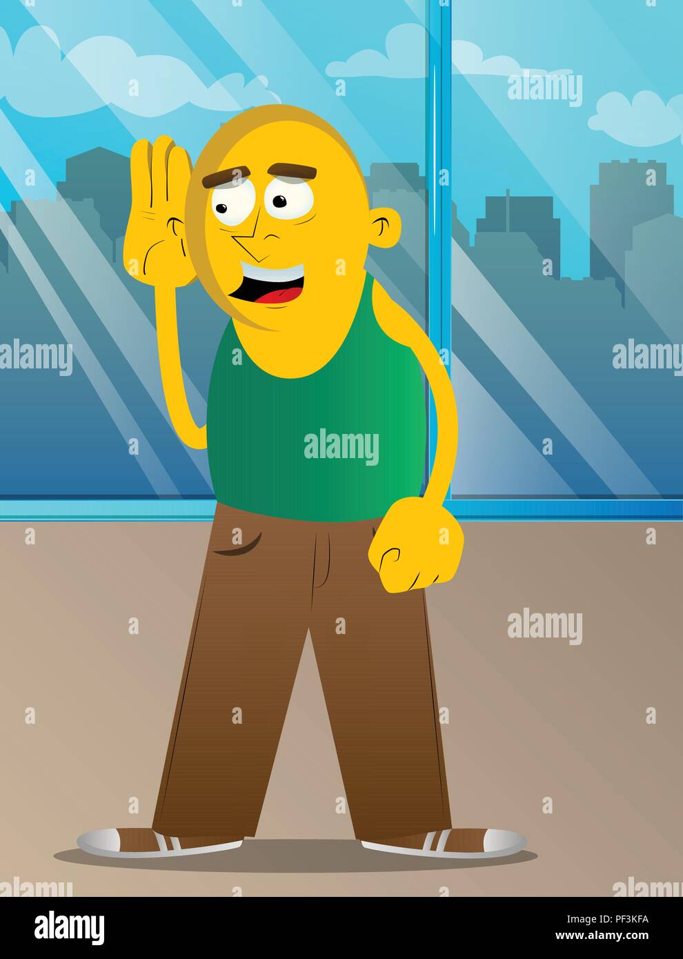 Yellow man holds hand at his ear, listening. Vector cartoon ...