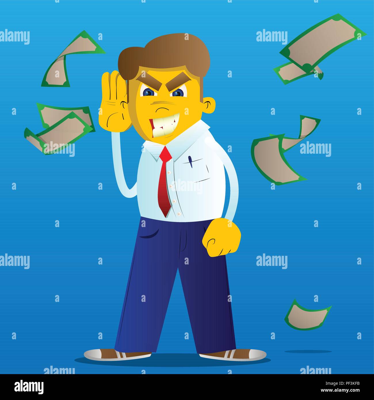 Yellow man holds hand at his ear, listening. Vector cartoon ...