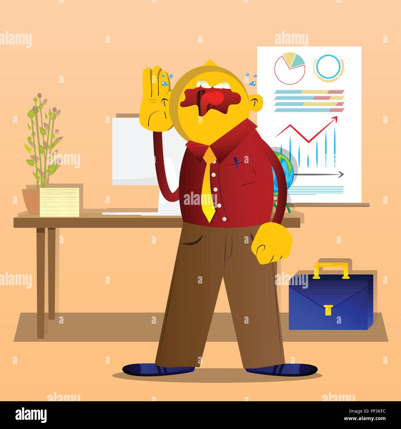Yellow man holds hand at his ear, listening. Vector cartoon ...