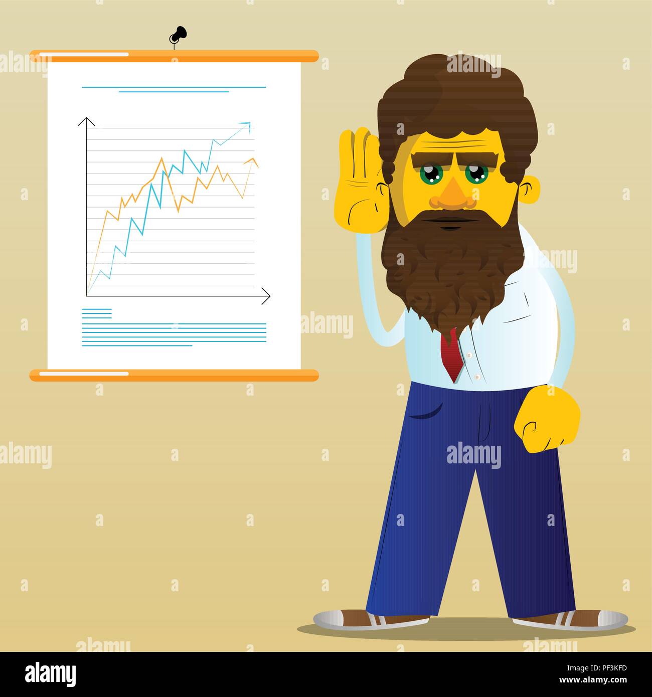 Yellow man holds hand at his ear, listening. Vector cartoon ...