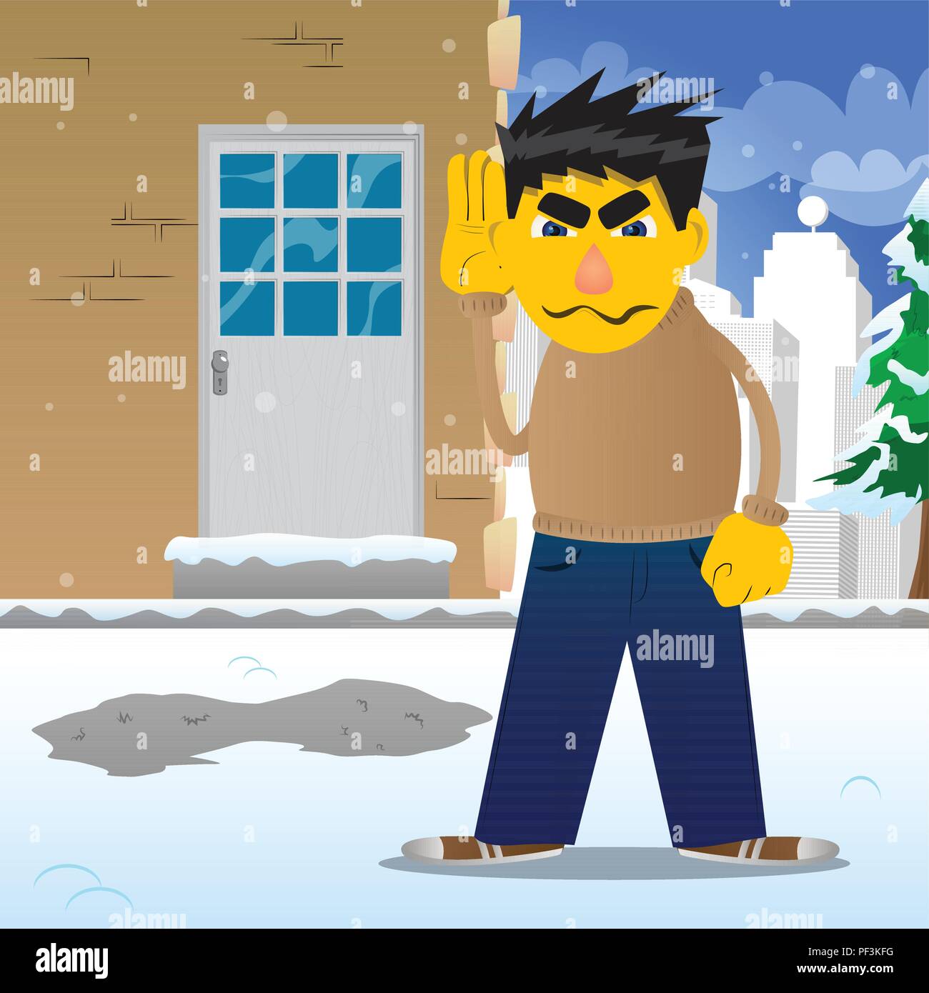 Yellow man holds hand at his ear, listening. Vector cartoon ...