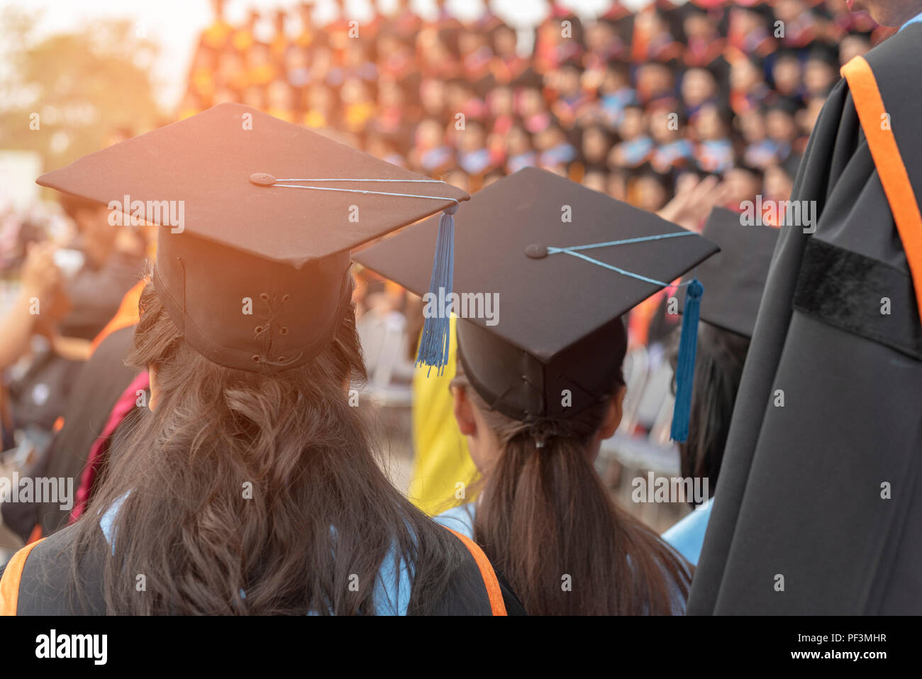 Back of graduation with black blue tail cap at ceremony in graduation ...