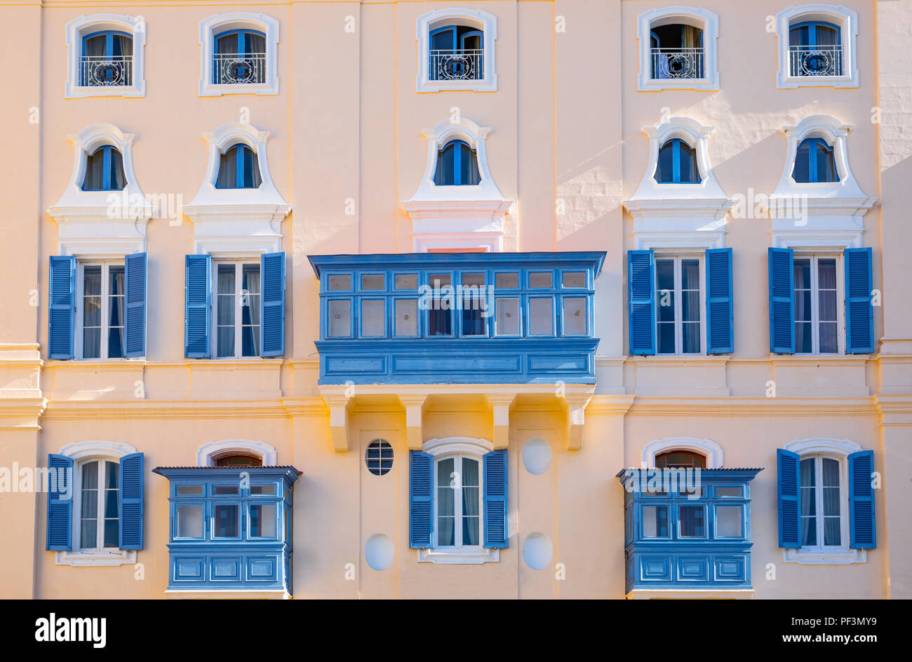 Malta, Valletta, the facade in traditional architecture of a palace in ...