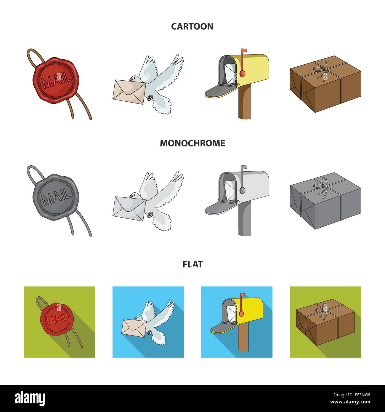 Wax seal, postal pigeon with envelope, mail box and parcel.Mail and ...