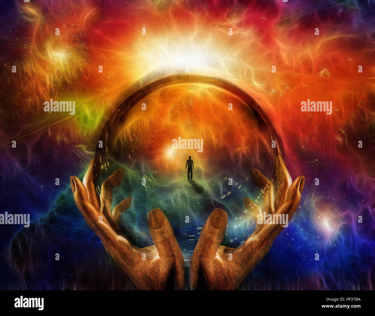 Hands hold glass sphere with view of man Stock Photo - Alamy