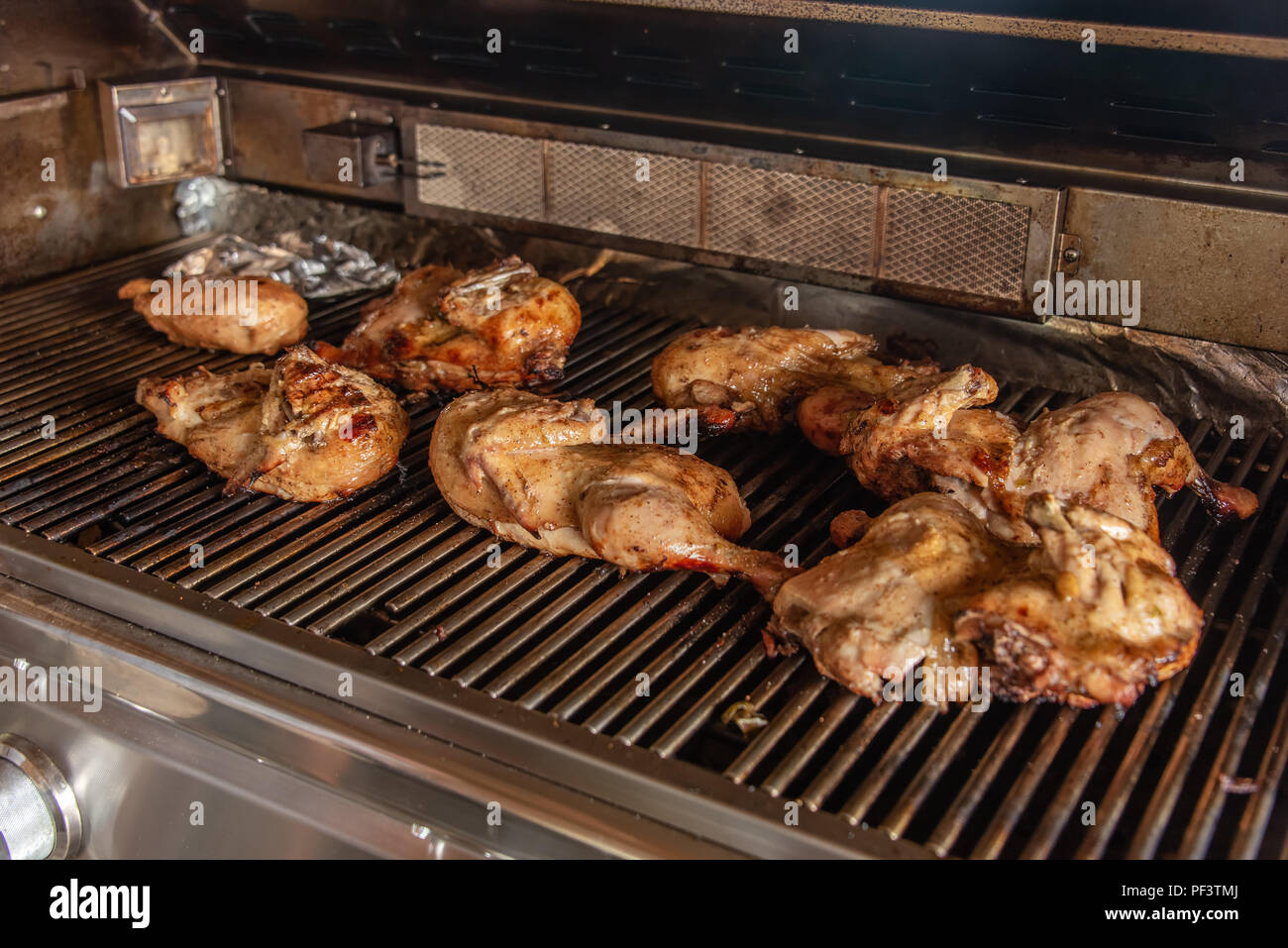 Chickens Roasting On A Gas Grill Stock Photo - Alamy