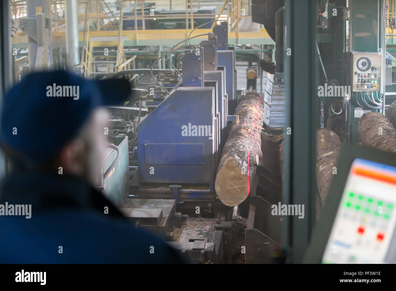 Woodworking plant. Laser cutting of logs for furniture manufacturing ...