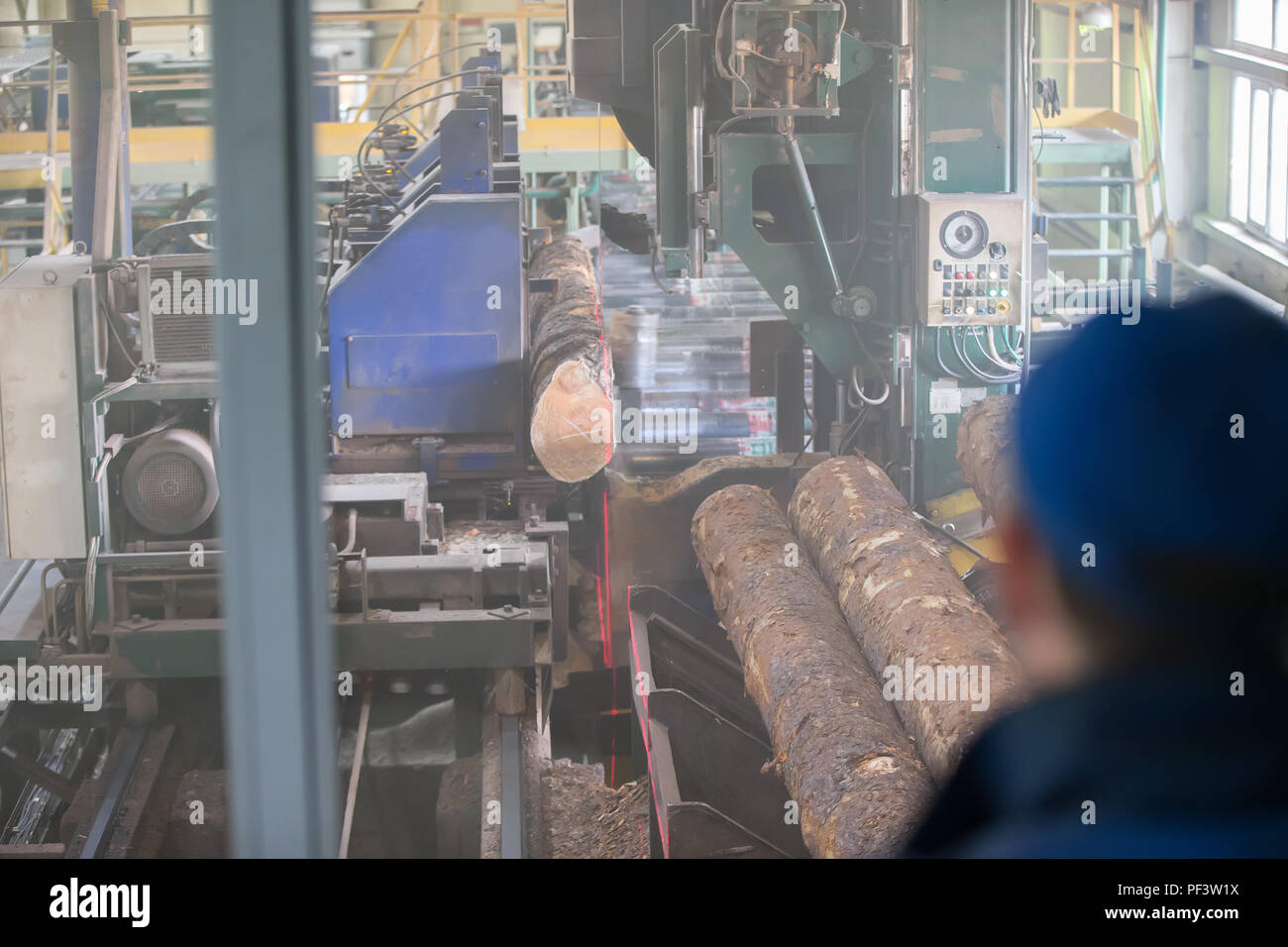 Woodworking plant. Laser cutting of logs for furniture manufacturing ...