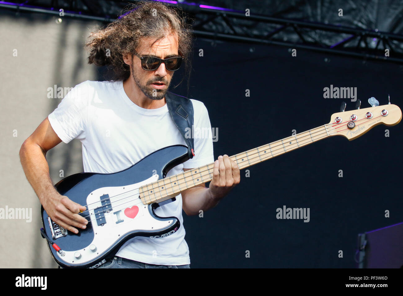 Worms, Germany. 18th Aug, 2018. A bassist supports German singer ...