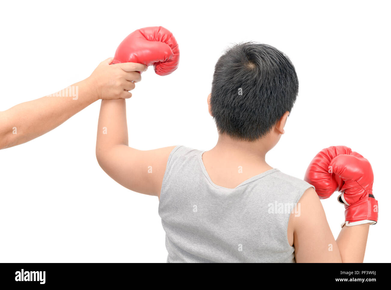 backside of Boxing champion fat child boy gesturing for first place ...