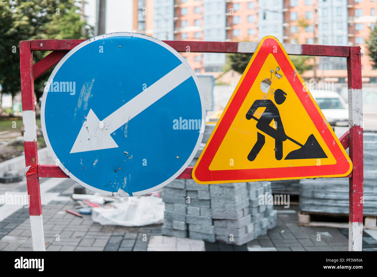 Under construction sign closeup. Road works sign for construction works ...