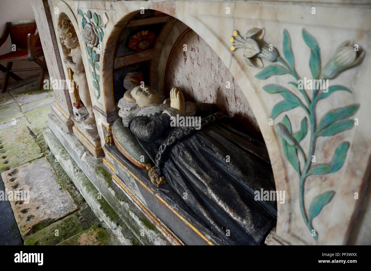 Wooden carving of Sir George St Paul's (St Pol) daughter on his tomb in ...