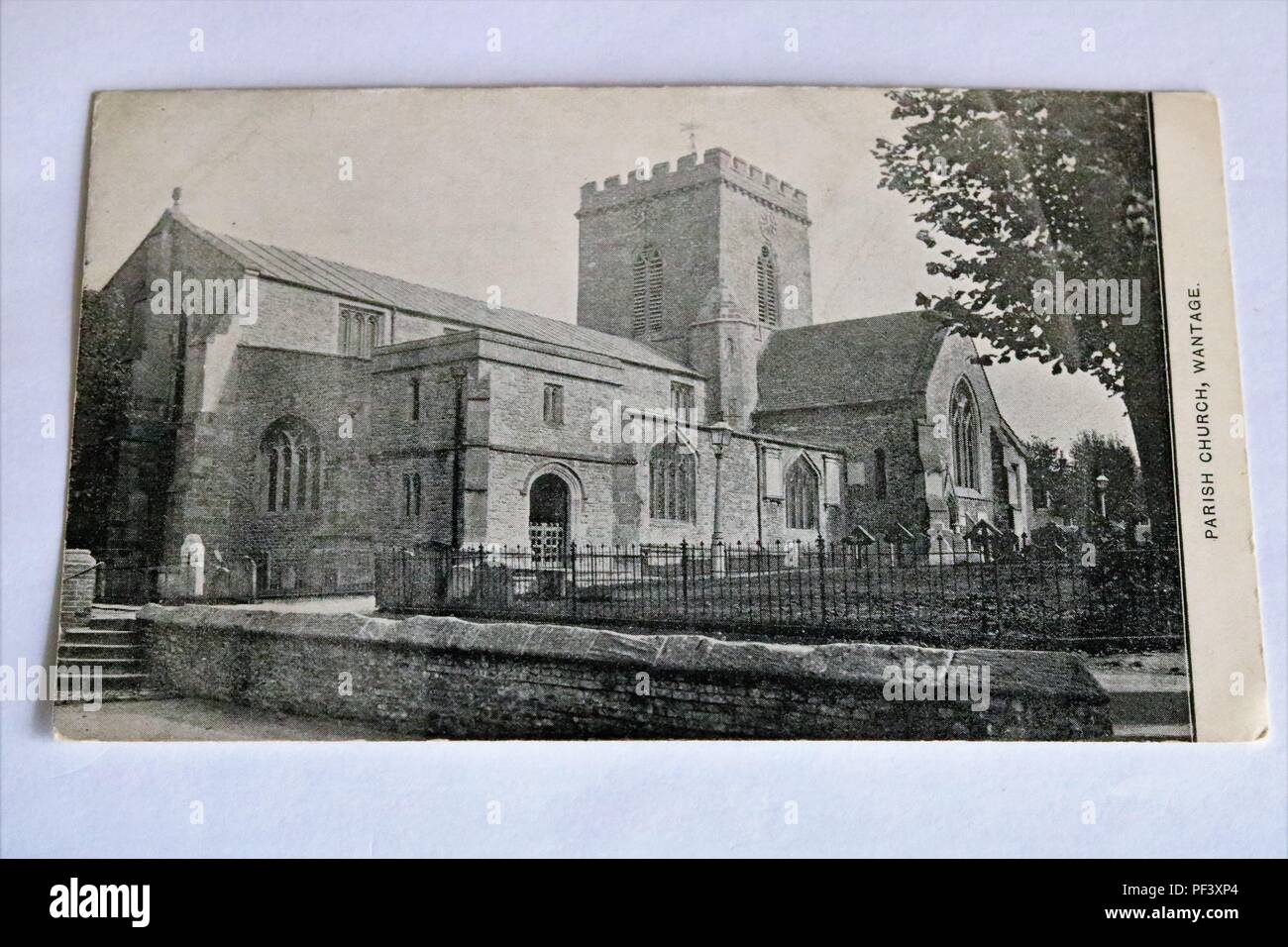 Old black and white postcard of the Parish Church, Wantage, UK Stock ...