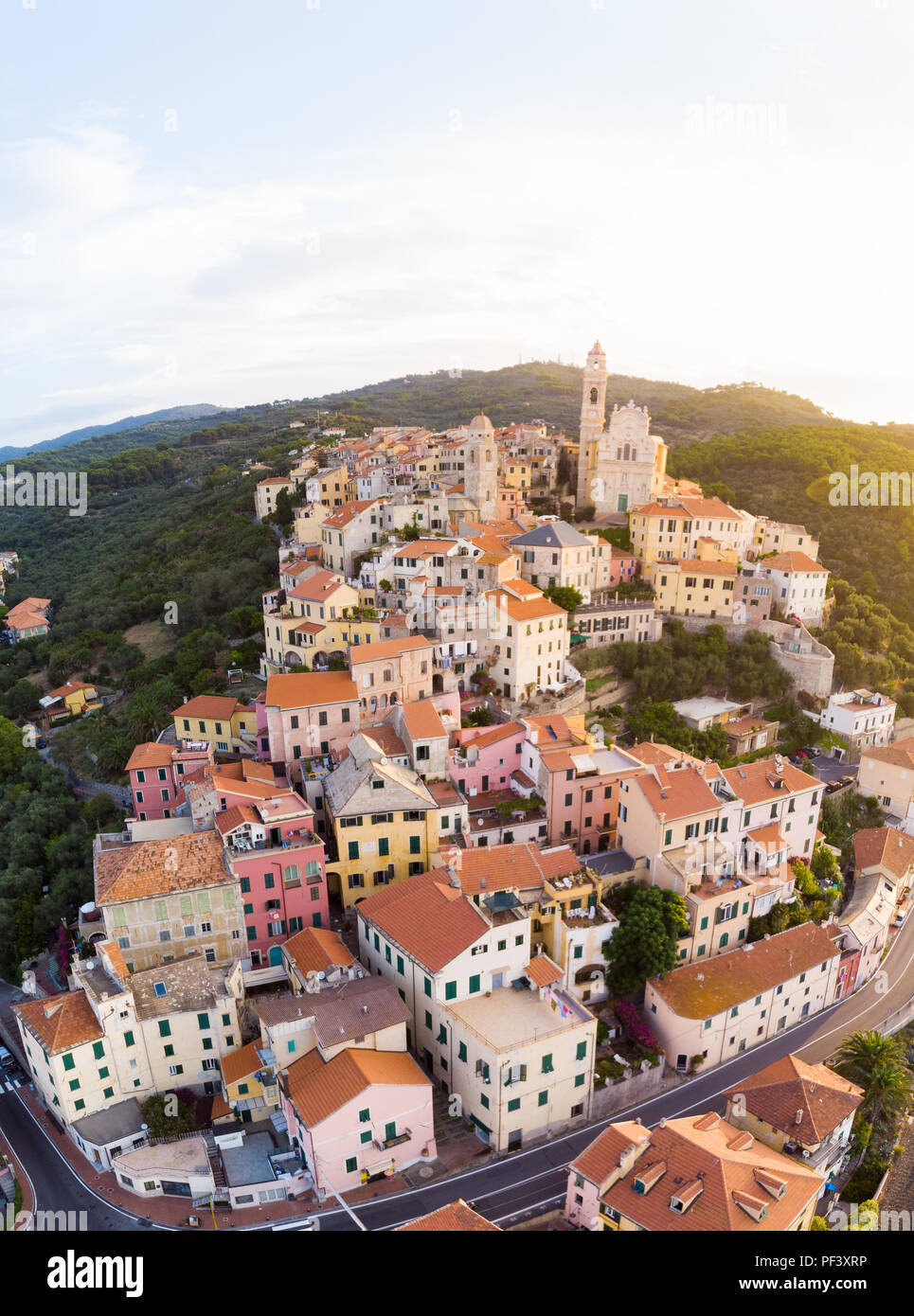 Aerial view Cervo medieval town on the mediterranean coast, Liguria ...
